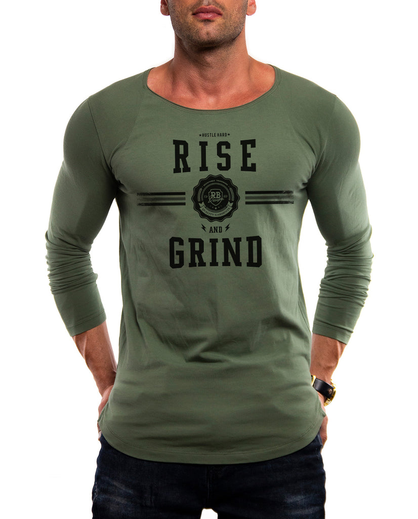 Mens Long Sleeve T-shirts "Rise and Grind" Muscle Slim Fit Long Length ...
